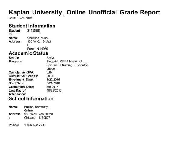 Kaplan University Transcript 10:2016 | PPT
