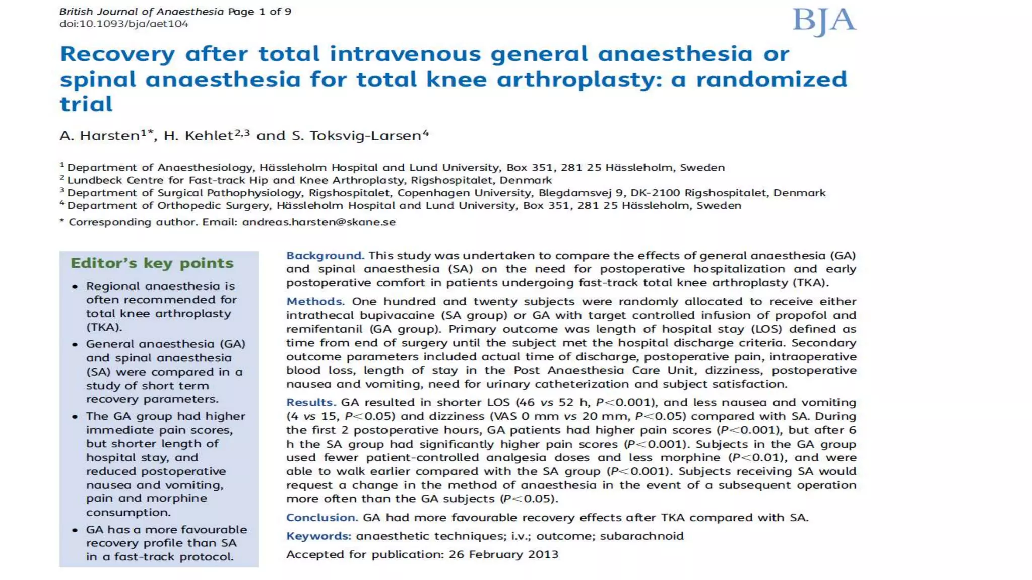 General or regional anaesthesia for orthopaedic surgery (THA/TKA ...