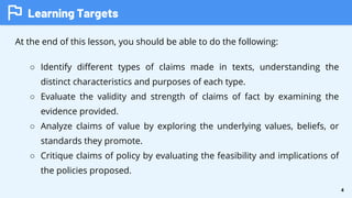 Evaluating Claims in Texts: Fact, Value, and Policy Analysis for Grade ...
