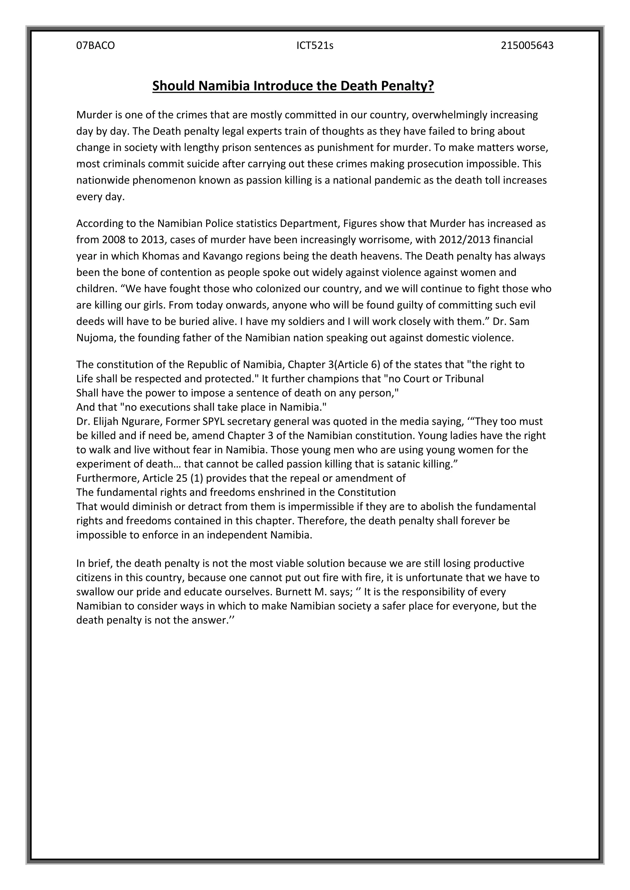 Should Namibia Introduce the Death Penalty | PDF