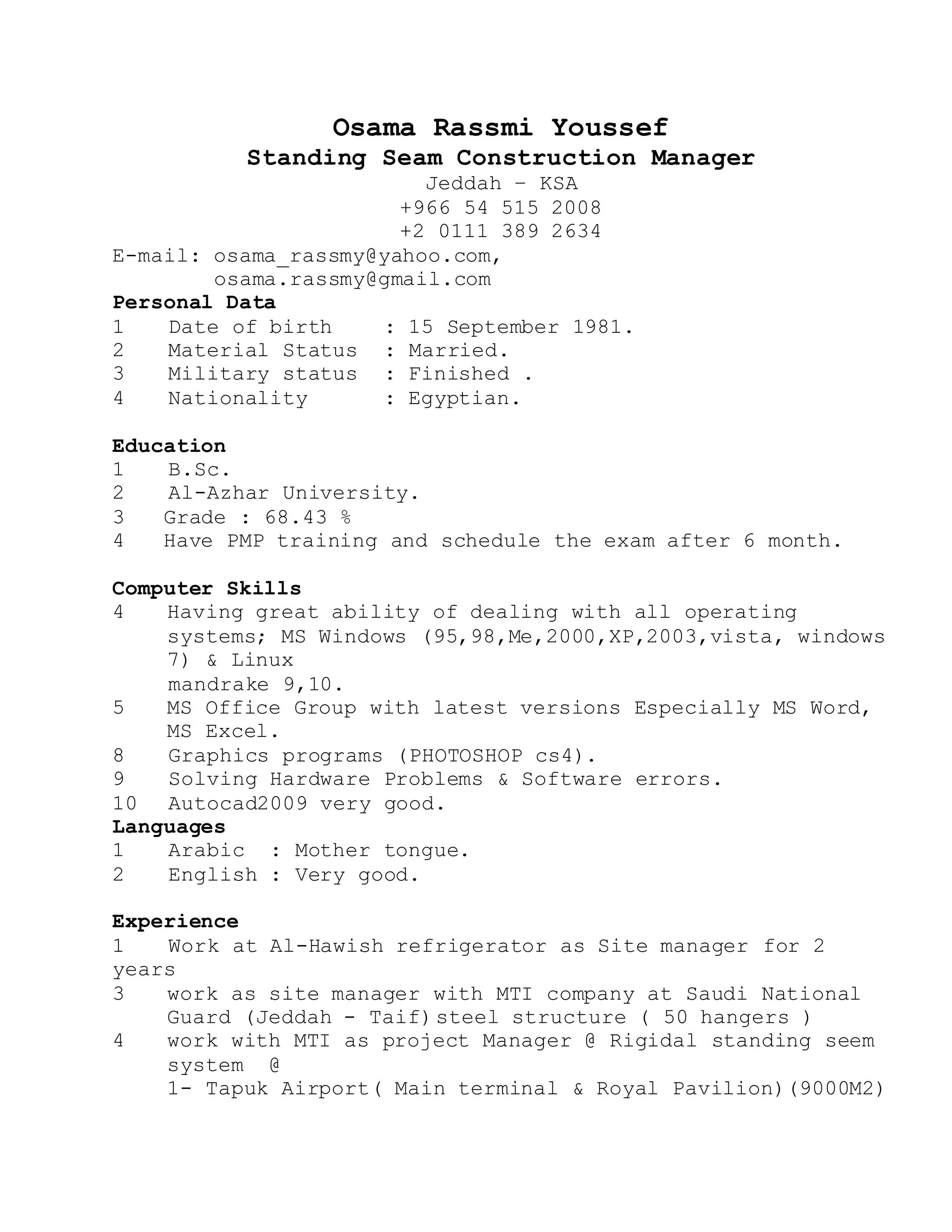 Cv Standing Seam CM Osama | DOCX | Operating Systems | Computer Software and Applications