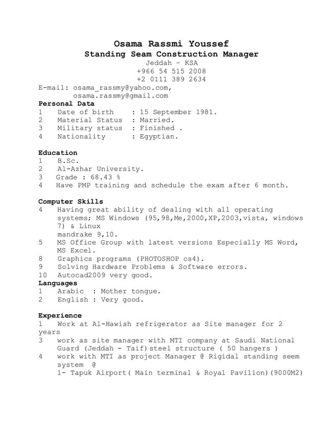 Cv Standing Seam CM Osama | DOCX | Operating Systems | Computer Software and Applications