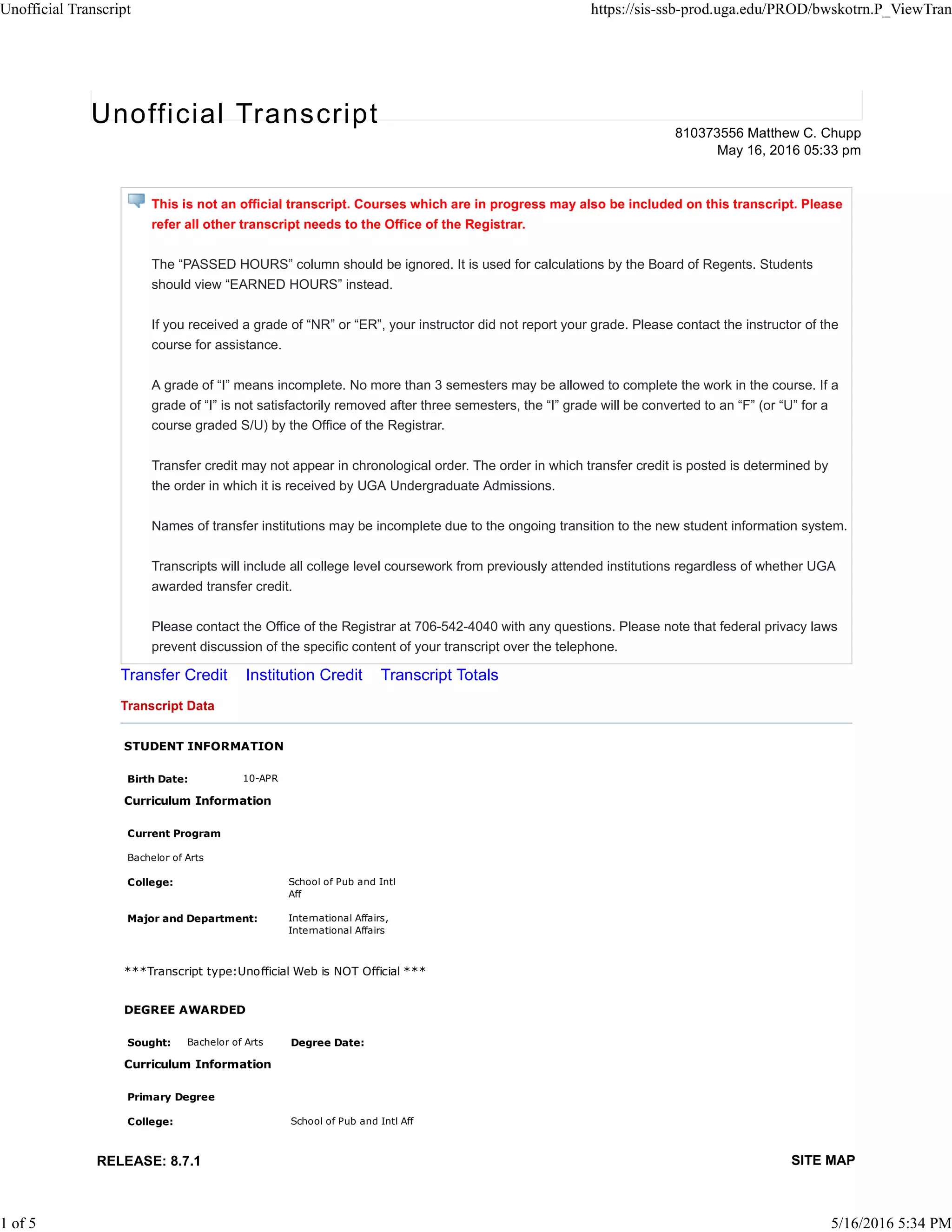 Unofficial Transcript Chupp | PDF