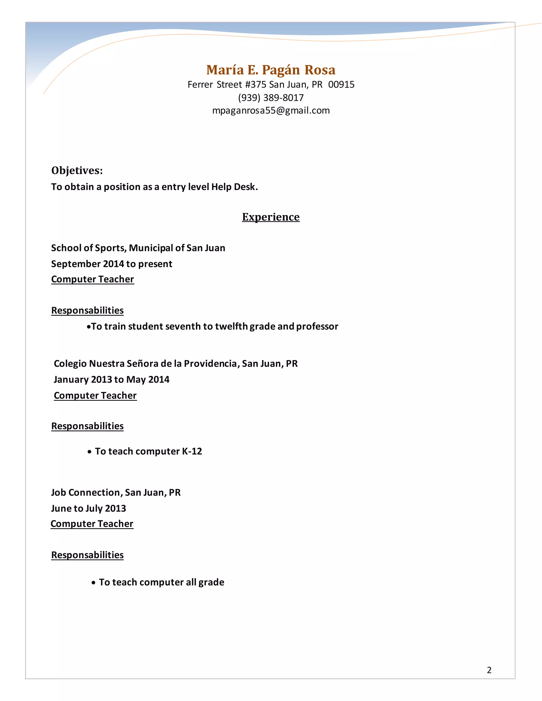 Resume MARIA E PAGAN (REVISADO) | DOCX | Technology & Computing