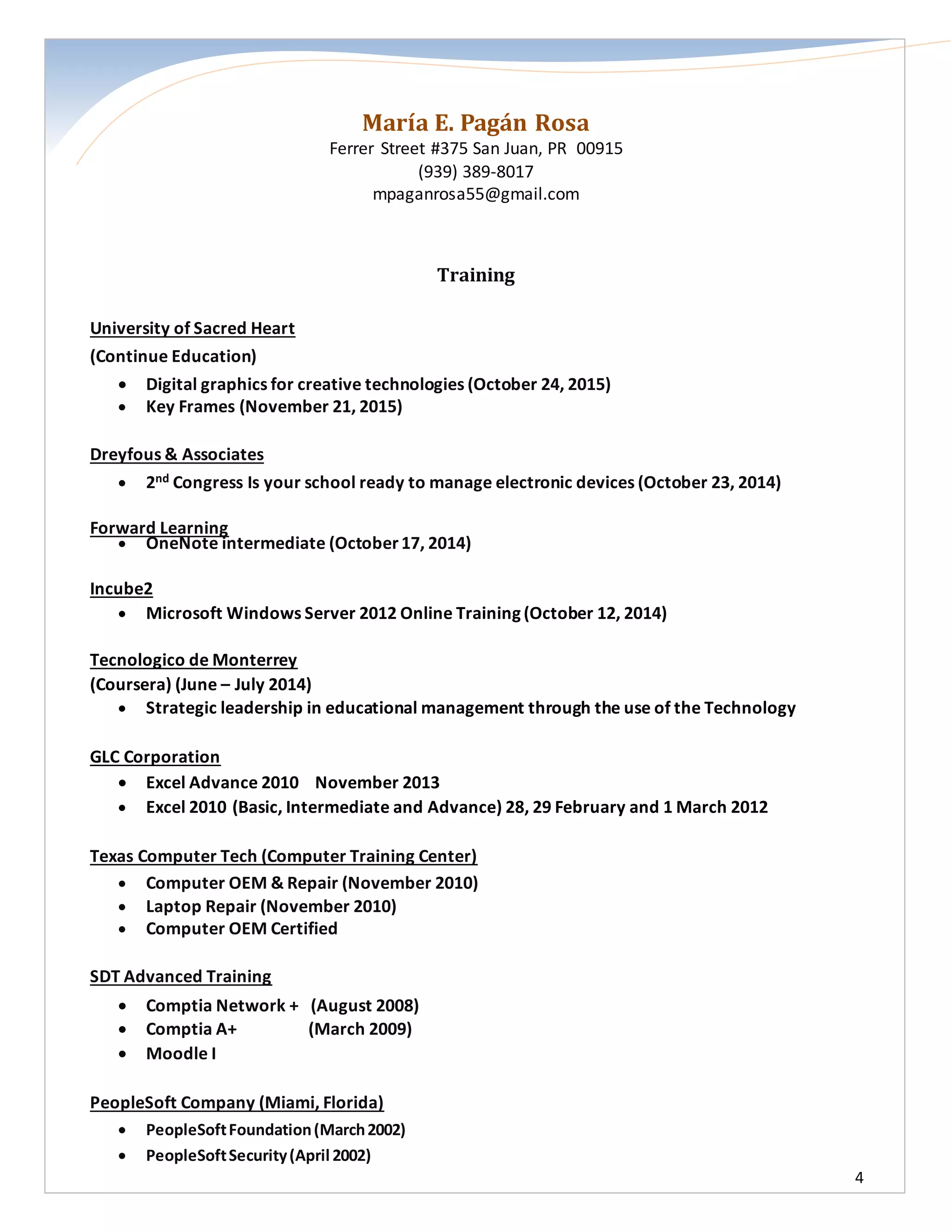 Resume MARIA E PAGAN (REVISADO) | DOCX | Technology & Computing