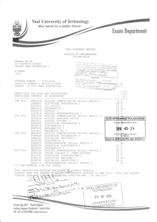 Nkwana Academic record VUT | PDF