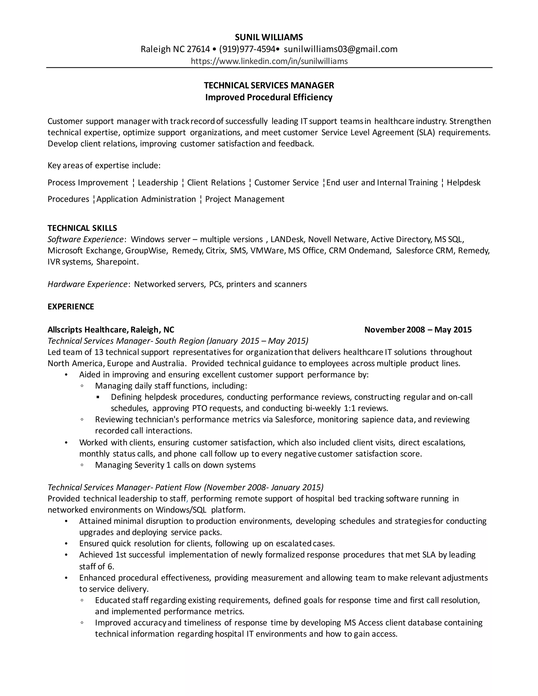 Resume of Sunil Williams | DOCX | IT and Internet Support | Internet