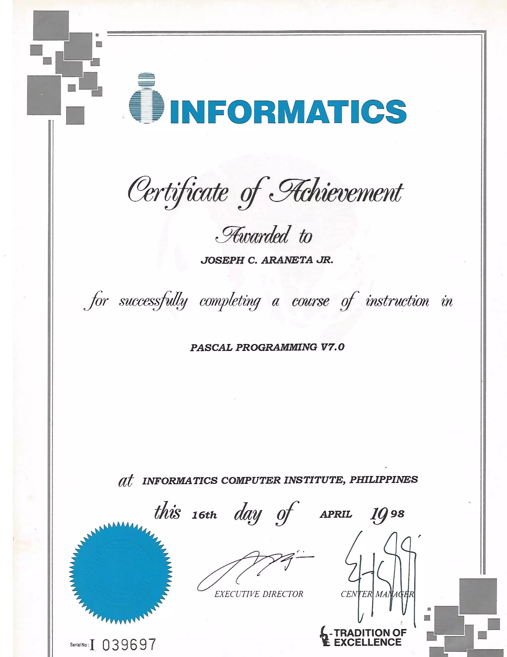 Informatics Certificate of Acheivement for Pascal Programming | PDF