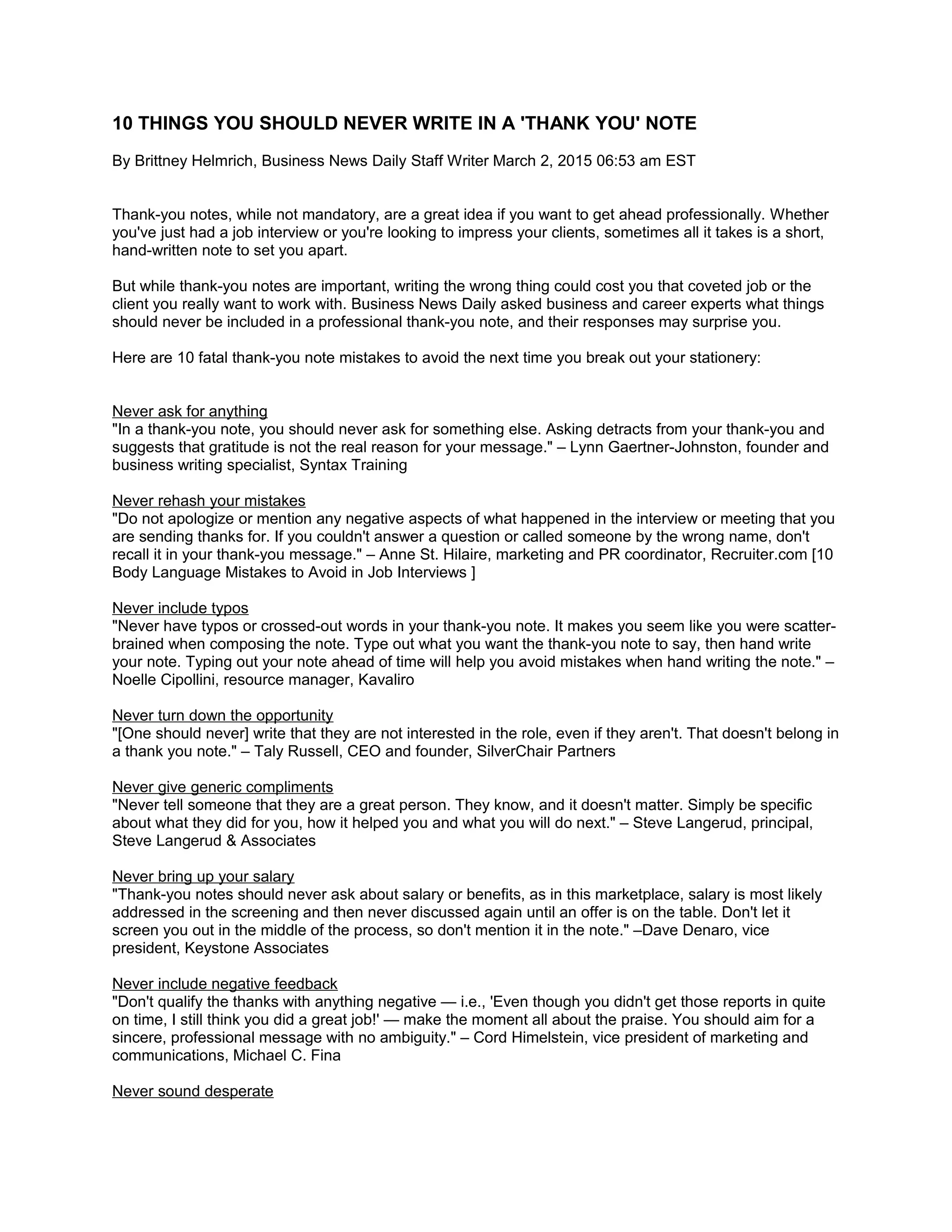 10 Things that you should never write in a Thank You note | DOC