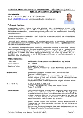 Curriculum Vitae-Senior Document Controller-Total 18.5 Years UAE Experience (4.5 yrs-Oil & Gas ...
