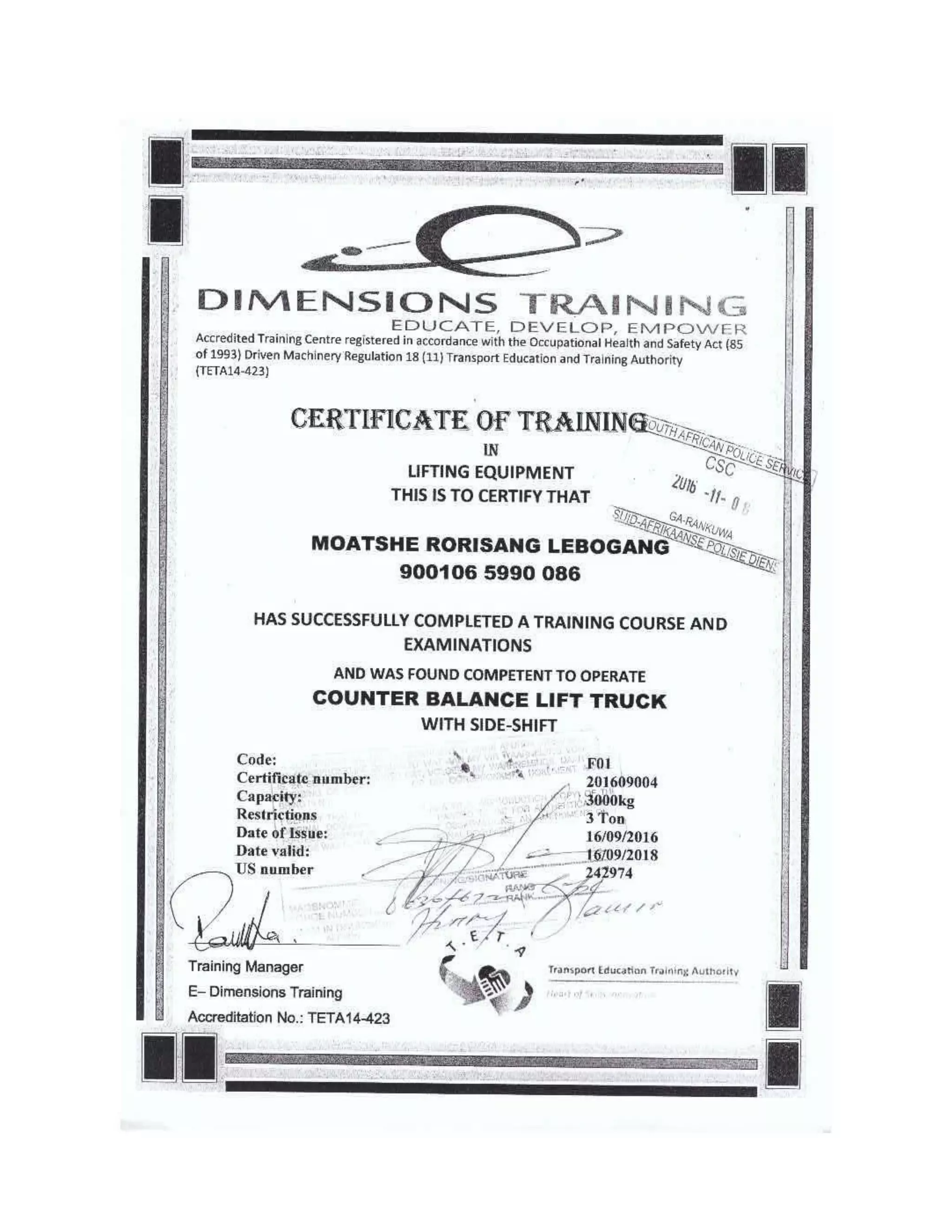 counter balaned lift truck certificate | DOCX | Commercial Trucks ...