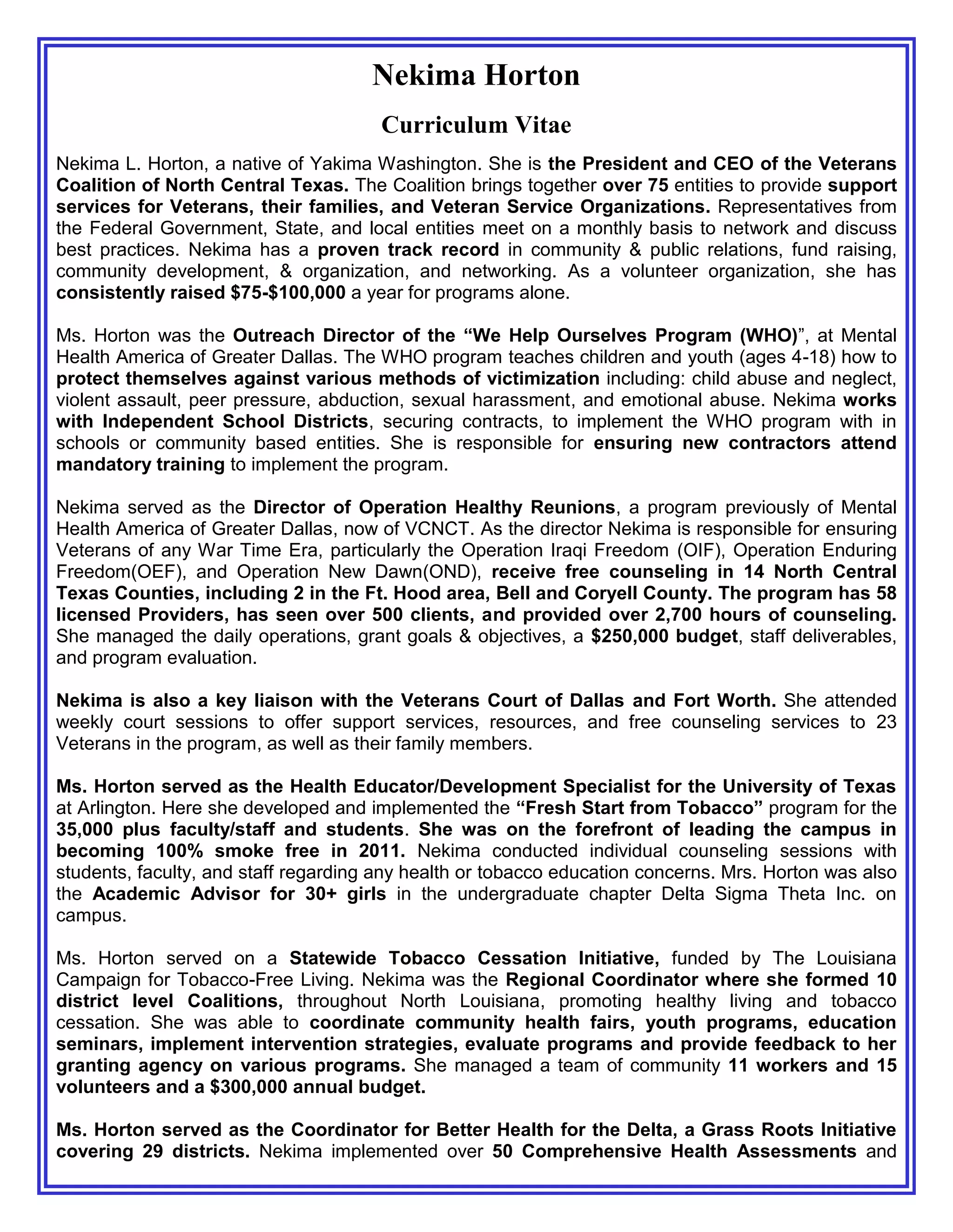 NEKIMA L Horton Professional Bio | PDF