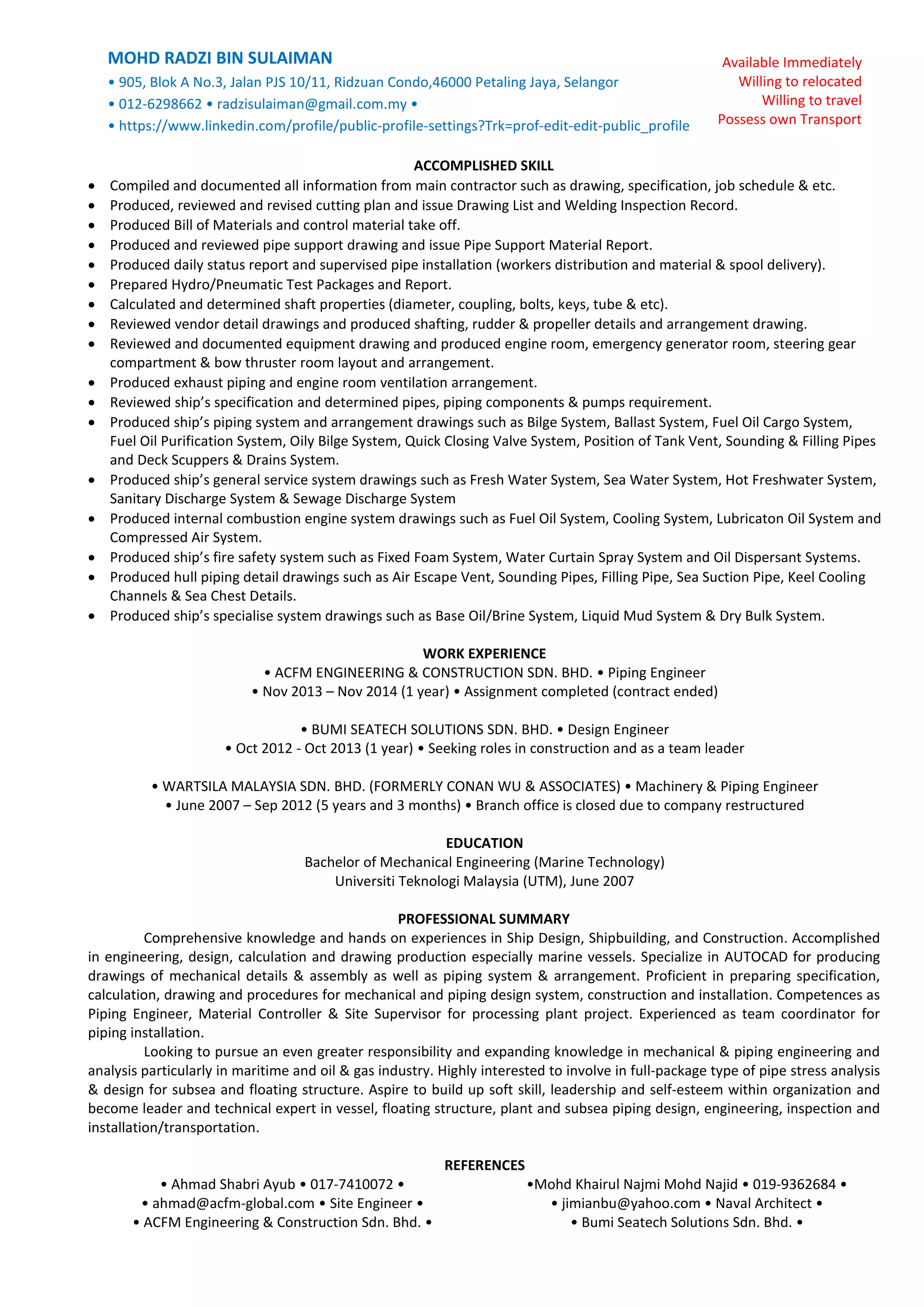 MOHD RADZI BIN SULAIMAN_CV | PDF