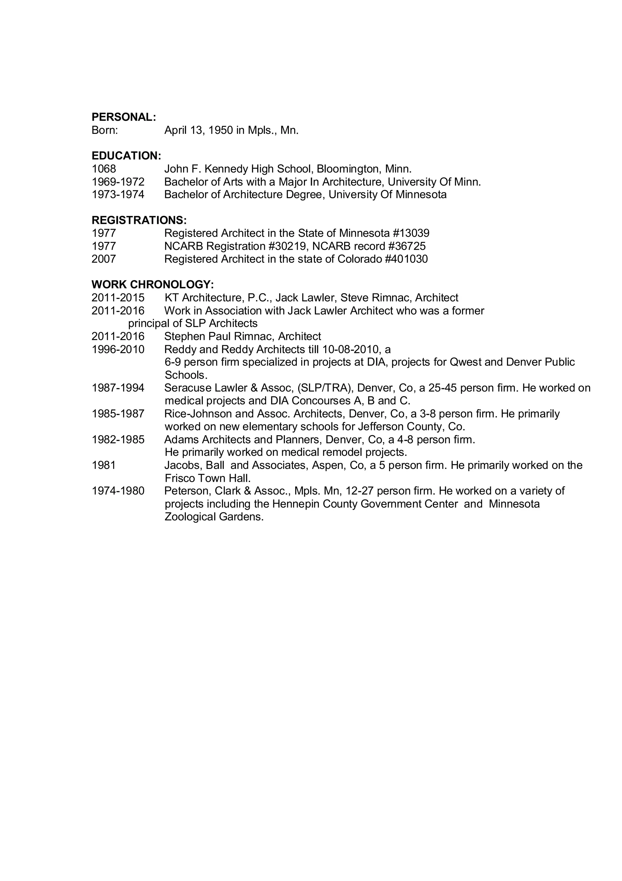 RESUME FOR STEVE RIMNAC ARCHITECT 2017 | PDF