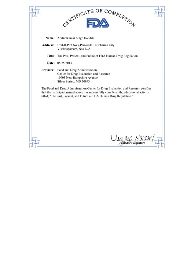 Certificate of completion from USFDA_05-25-13 | PDF | Pharmaceutical Industry | Industries