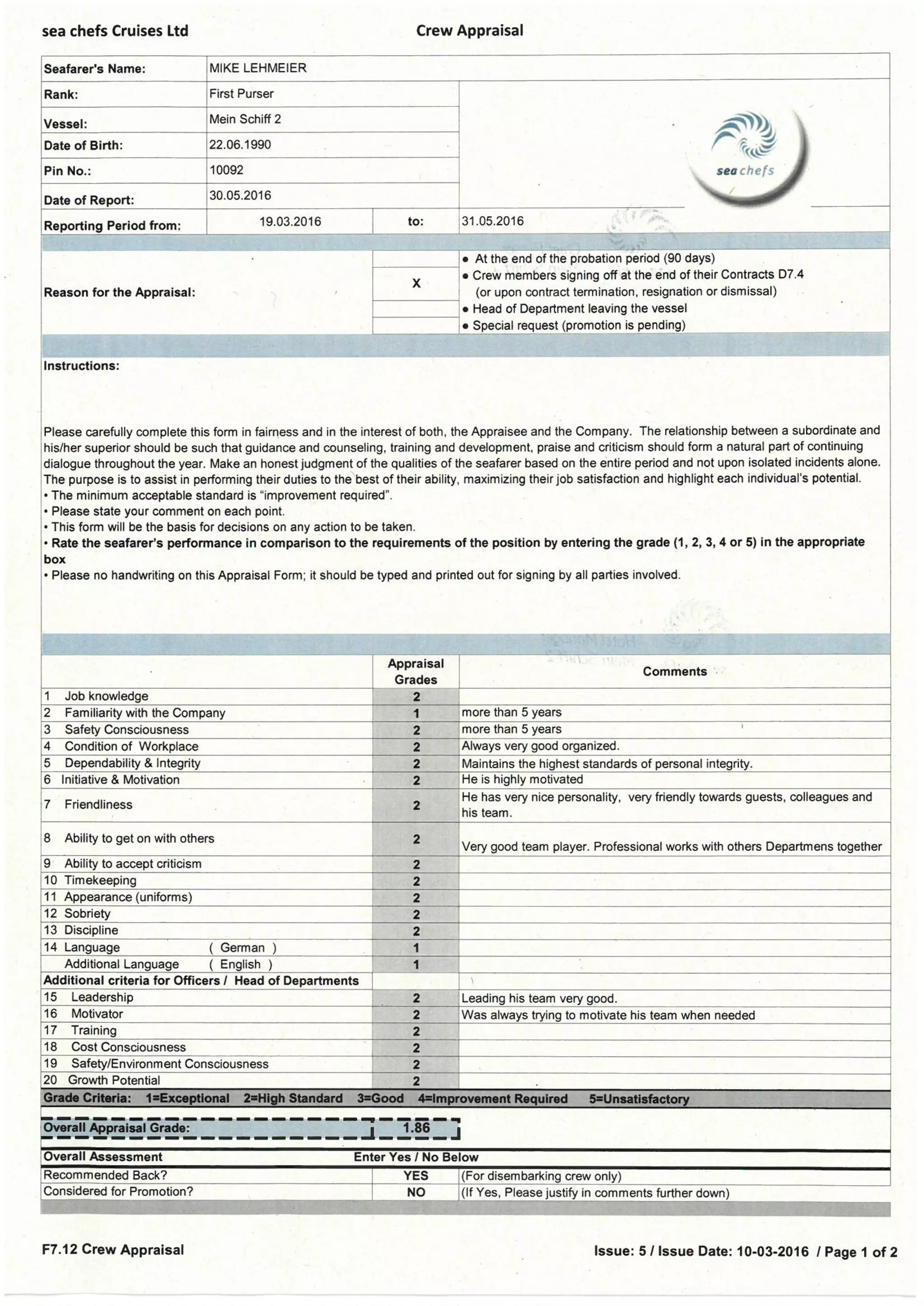 Crew Appraisal - First Purser.1-2 | PDF