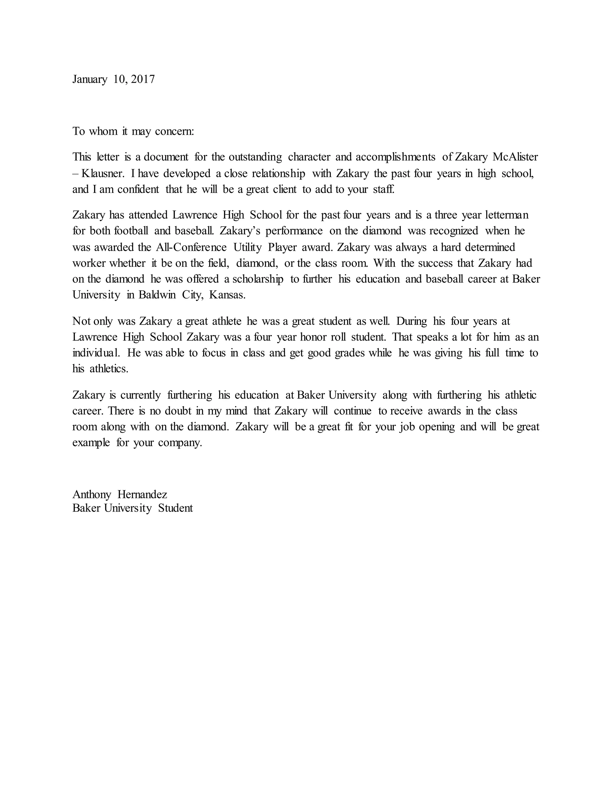 Letter Of Rec For Zakary | DOCX