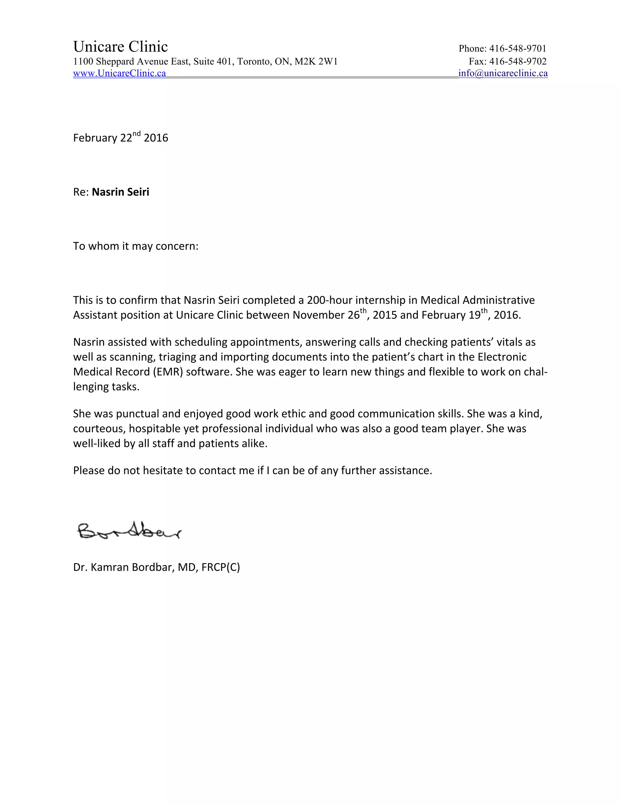 Nasrin Letter Of Reference | PDF