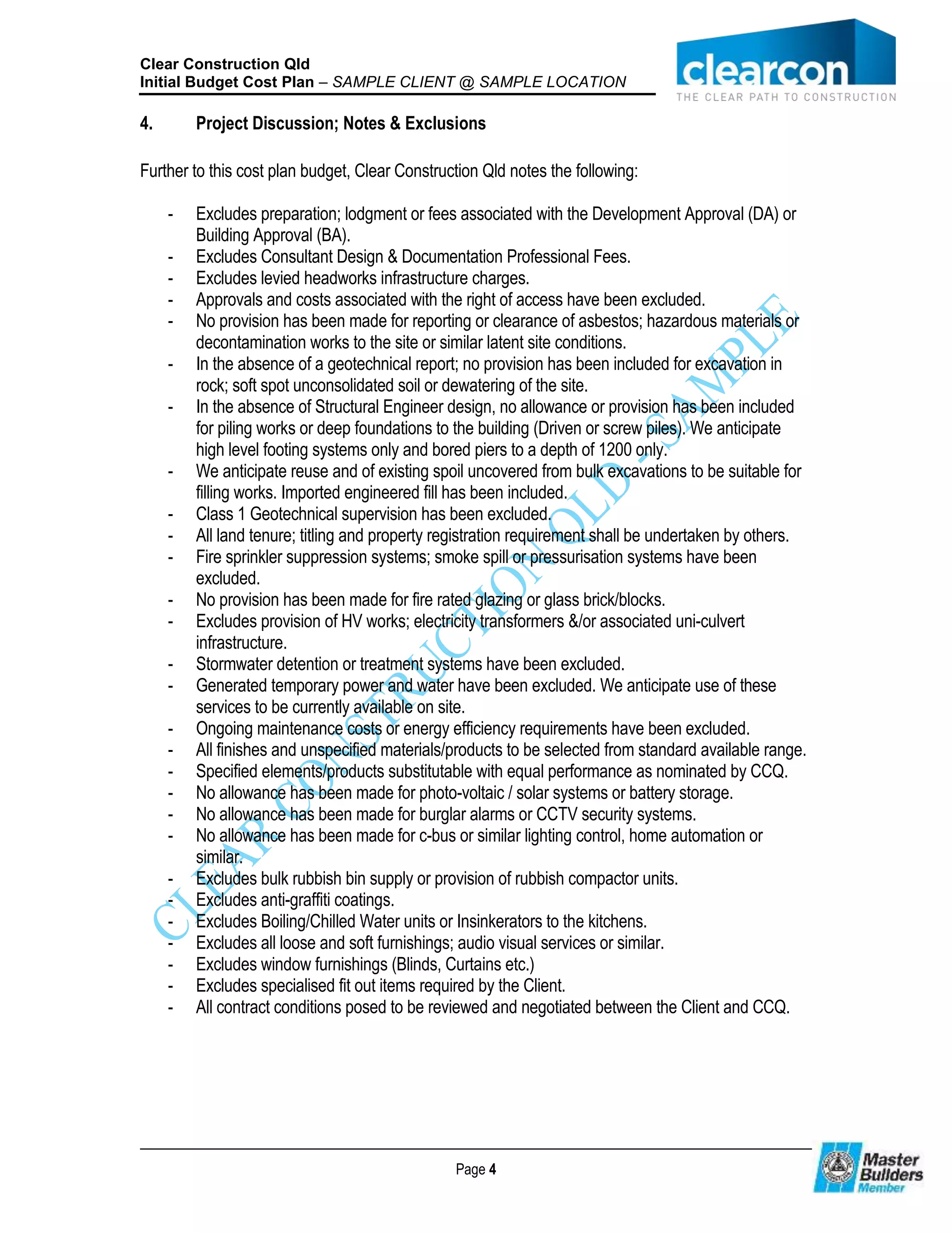 Clear-Construction-QLD-SAMPLE-Initial-Cost-Plan-Budget | PDF