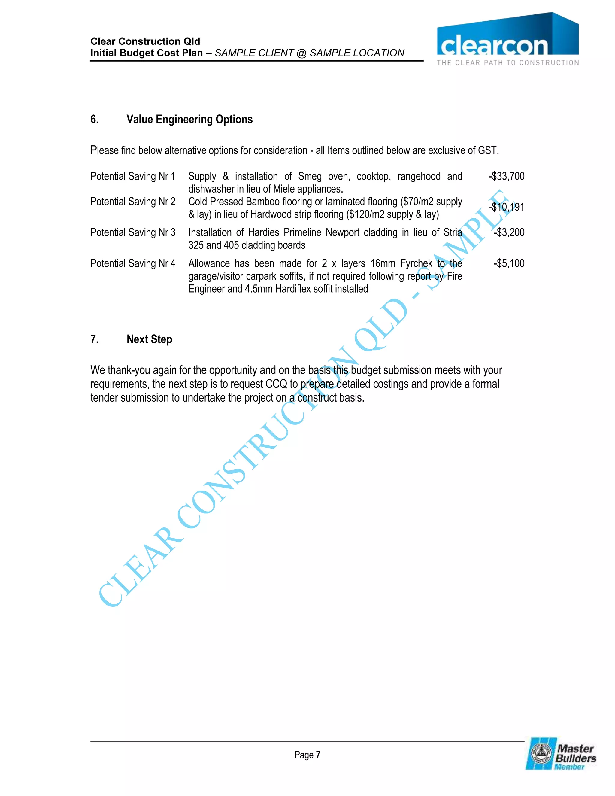 Clear-Construction-QLD-SAMPLE-Initial-Cost-Plan-Budget | PDF