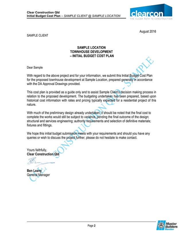 Clear-Construction-QLD-SAMPLE-Initial-Cost-Plan-Budget | PDF