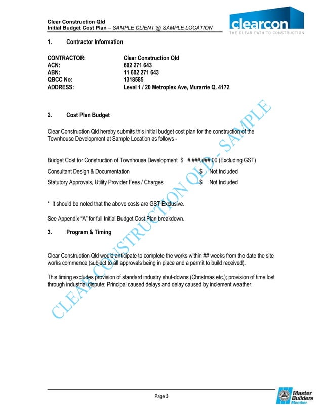 Clear-Construction-QLD-SAMPLE-Initial-Cost-Plan-Budget | PDF