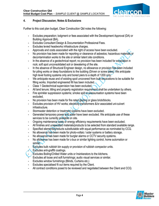 Clear-Construction-QLD-SAMPLE-Initial-Cost-Plan-Budget | PDF