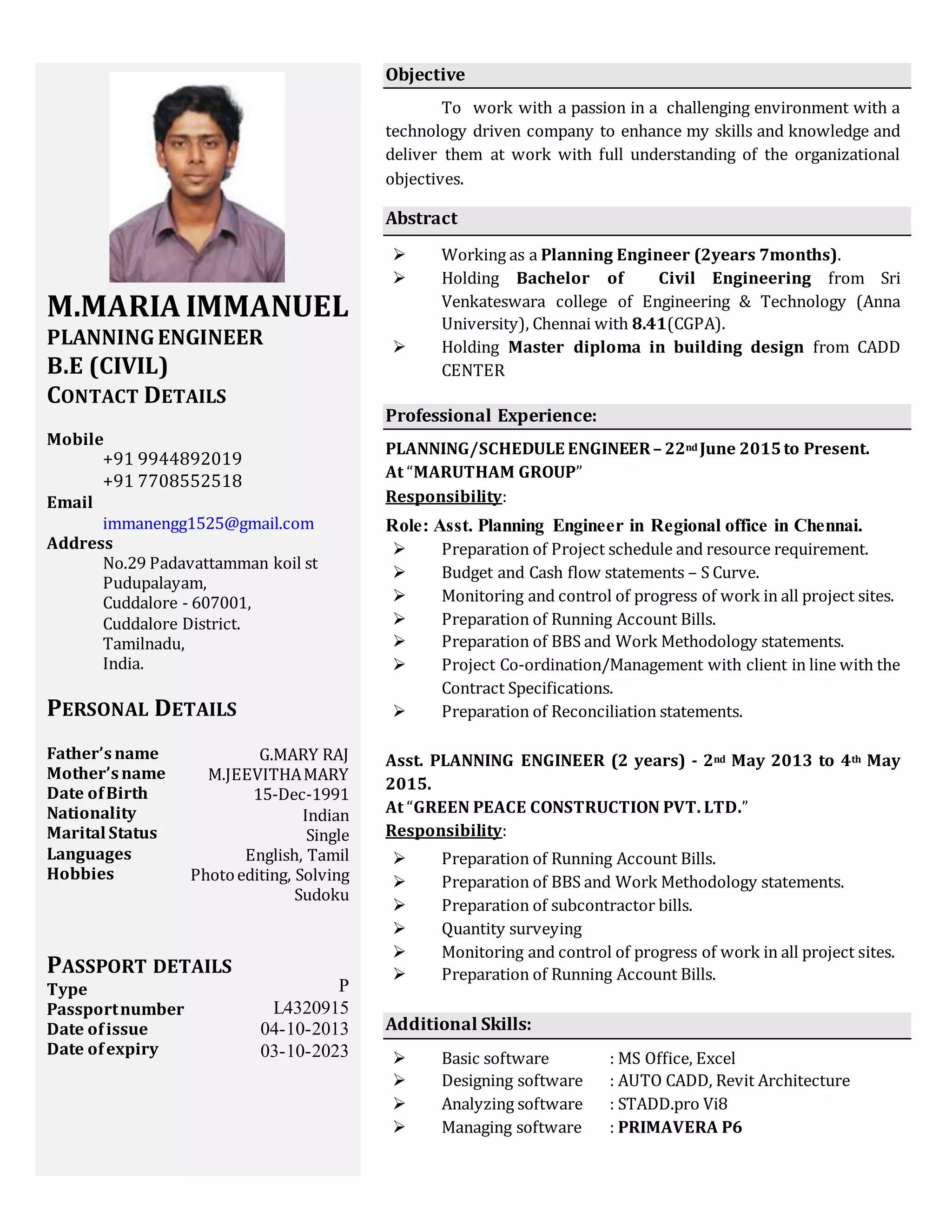 planning Engg updated Resume | PDF