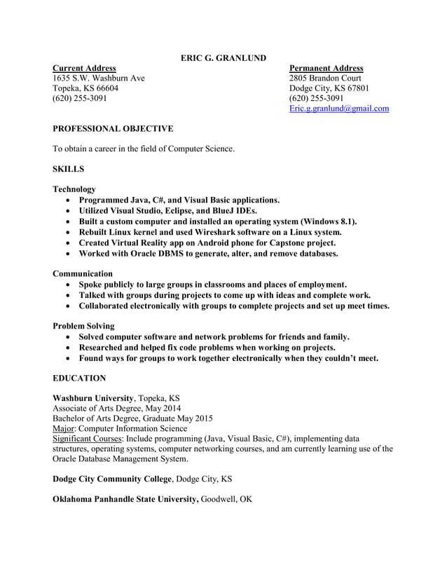 Computer Science Resume Eric Granlund | PDF | Programming Languages | Computing