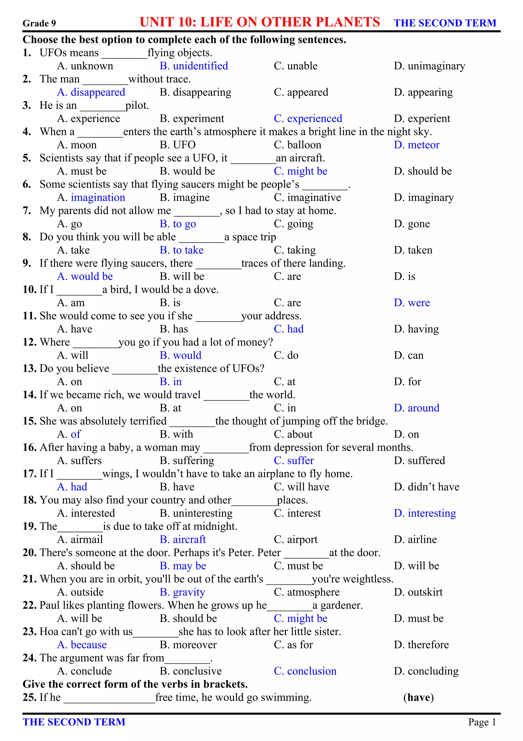 E9 bai tap theo unit -unit 10 life on other planets | DOC