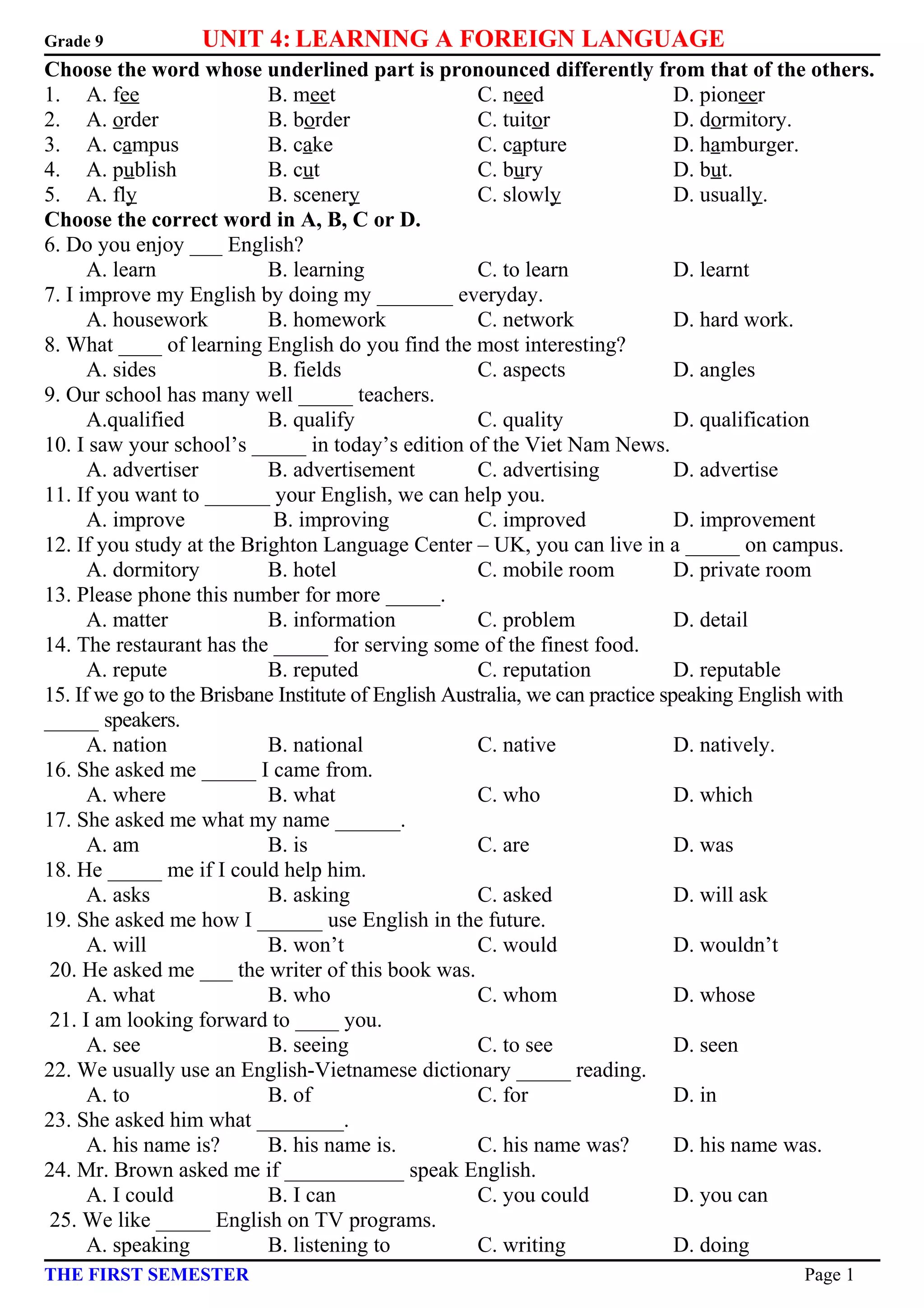 E9 bai tap theo unit -unit 4 learning a foreign language | DOC