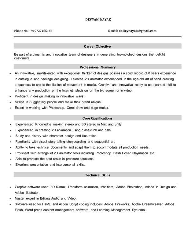 Devyani nayak experience resume | DOCX | Computer Animation | Computer Software and Applications