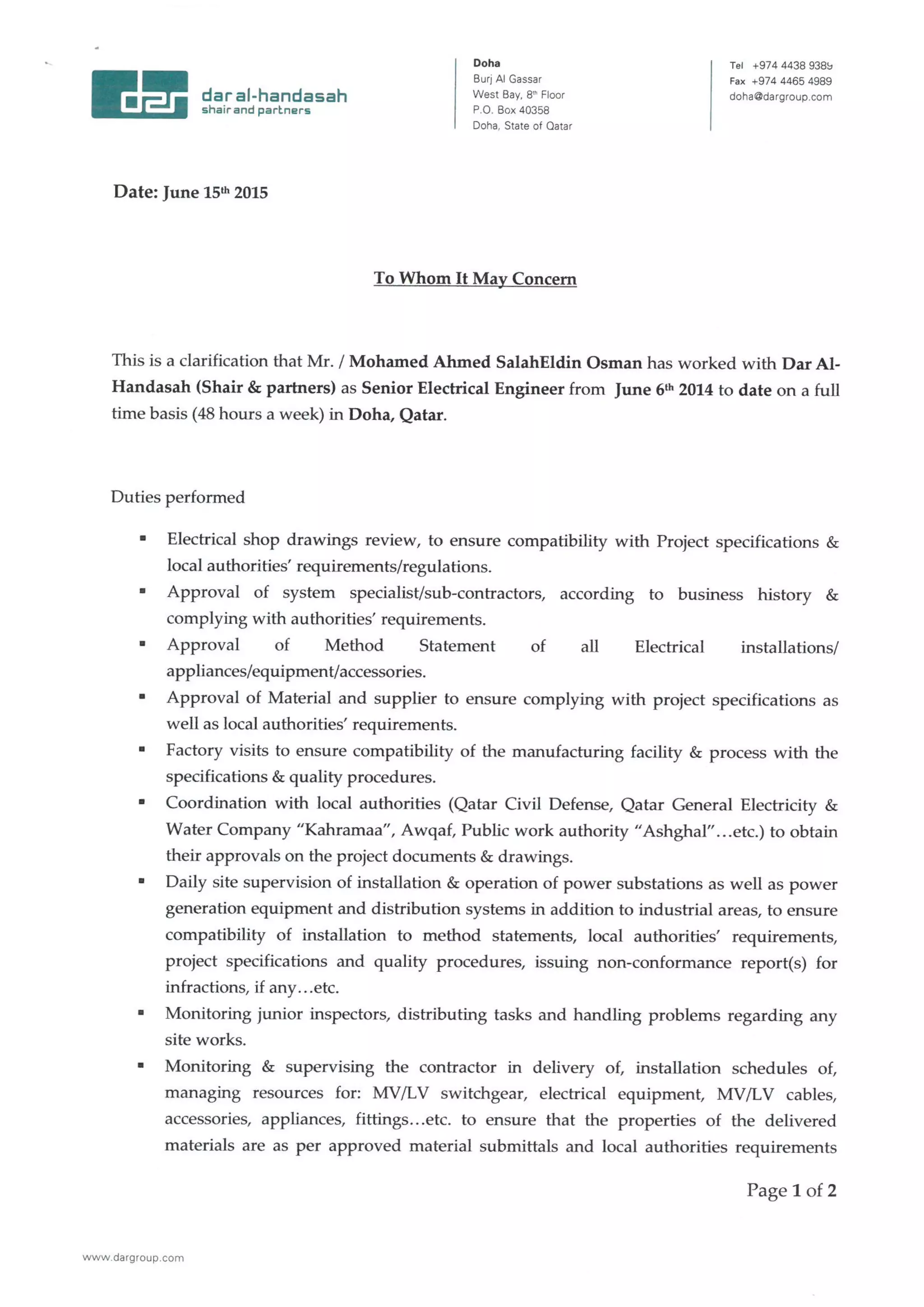 Dar Qatar Duty Letter | PDF