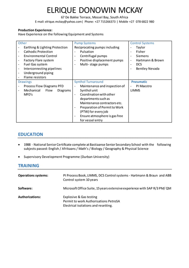 Elrique Mckay - CV 2016 | DOCX | Chemistry | Science