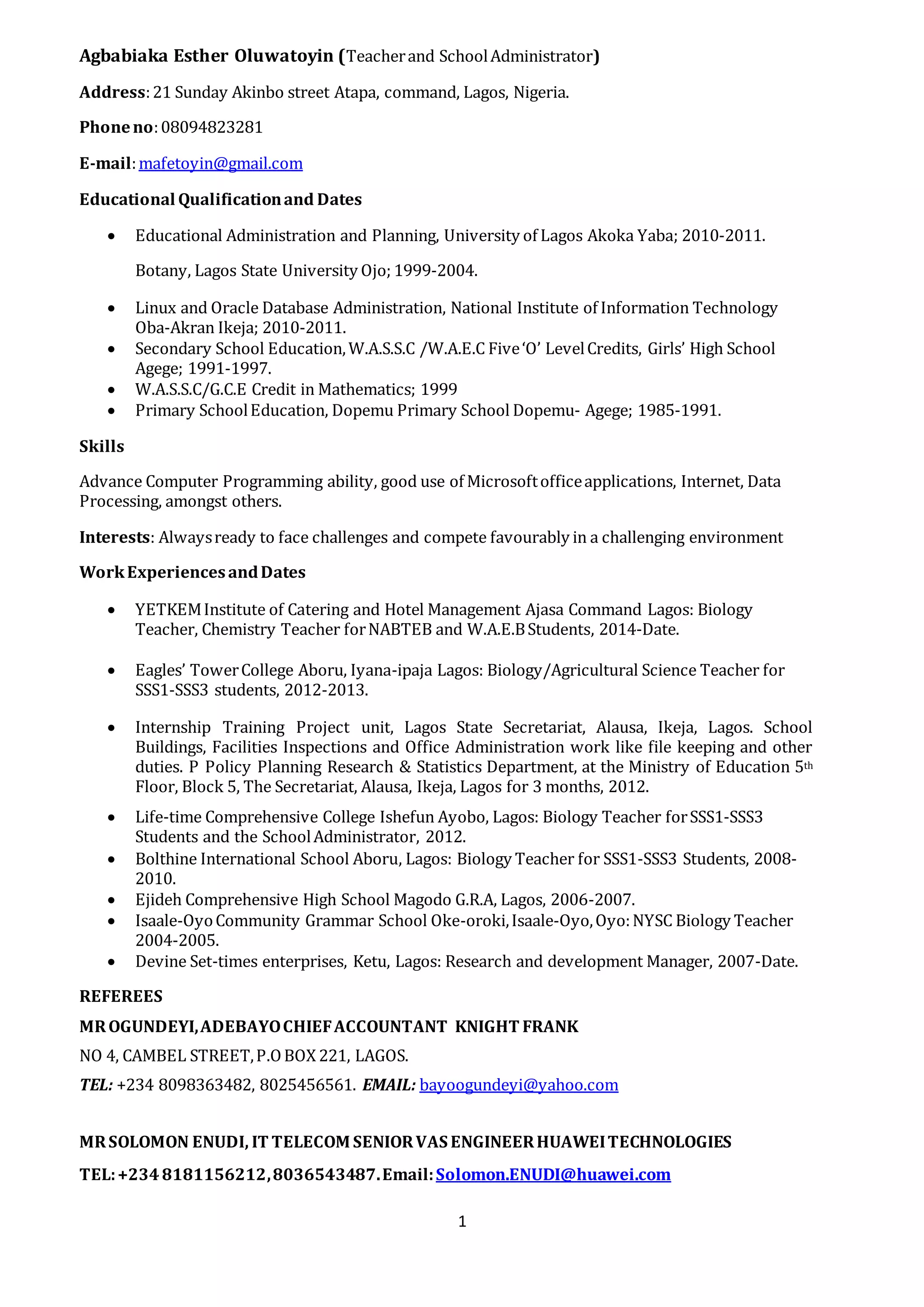 Agbabiaka Esther O CV | DOCX