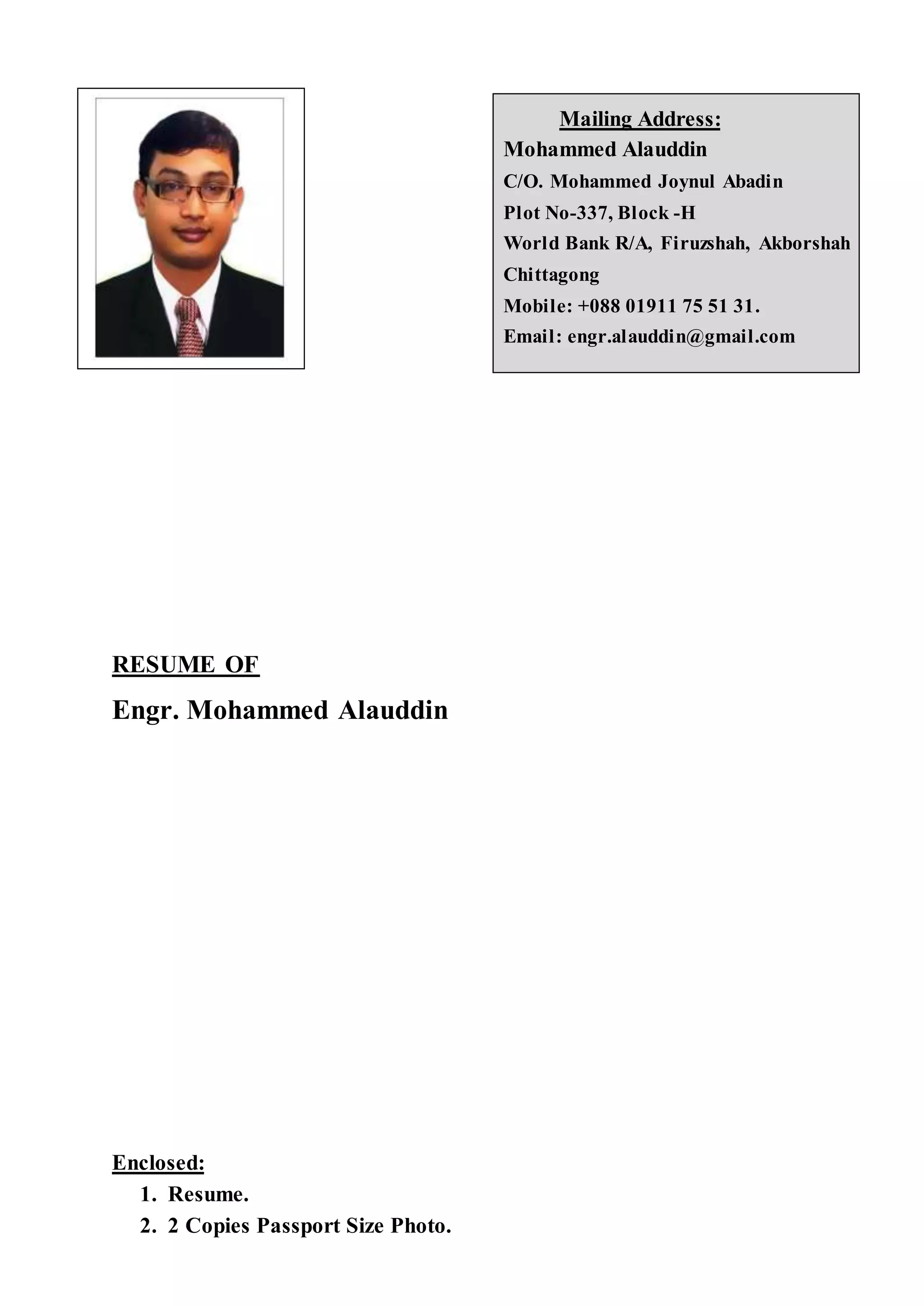 Engr. Mohammed Alauddin CV | DOCX | Civil Engineering Industry | Industries