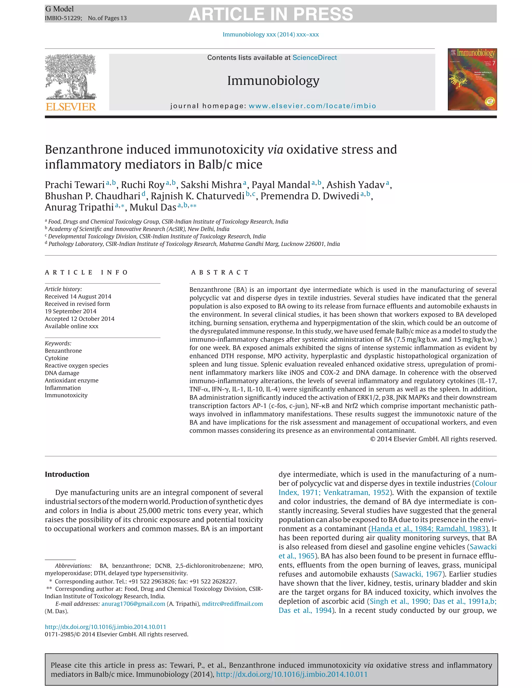 Benzanthrone induced immunotoxicity via oxidative stress | PDF