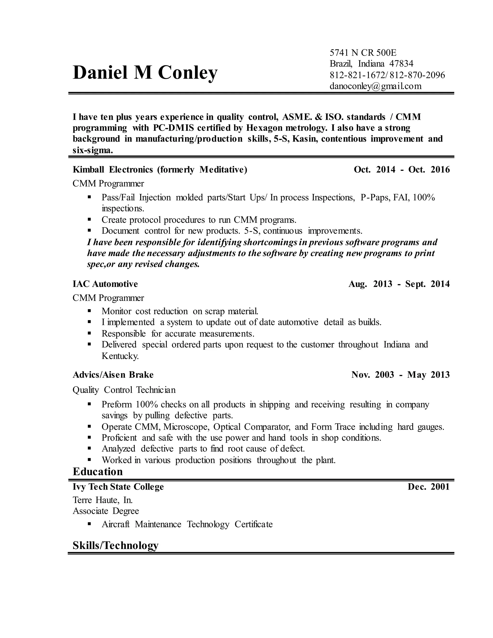 Daniel M Conley Oct. 2016 Resume | PDF