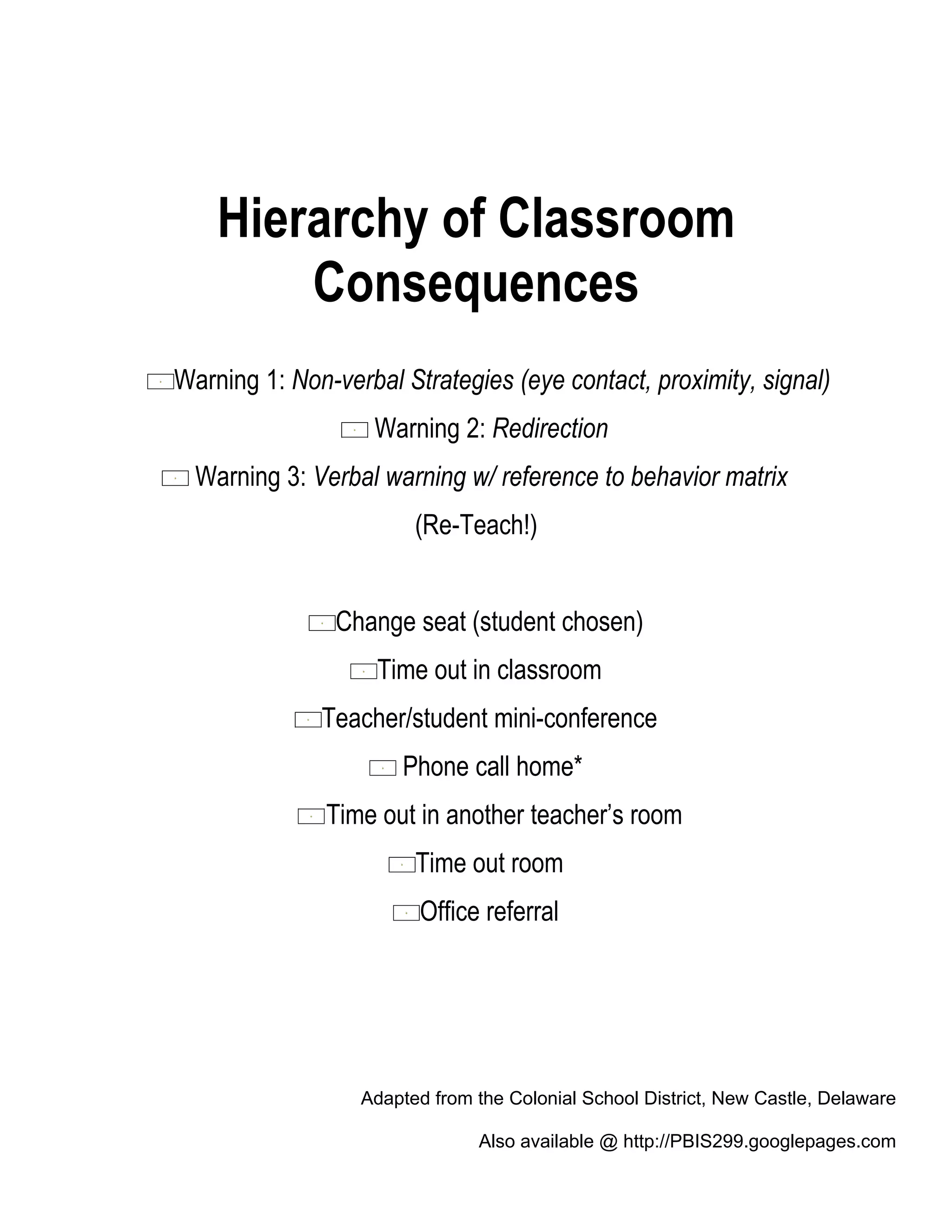 Hierarchy Of Classroom Consequences, Alan Robinson | DOC