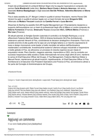 LOMBARDI MOLINARI SEGNI CON INVESTINDUSTRIAL NELL'INGRESSO IN FLOS ...