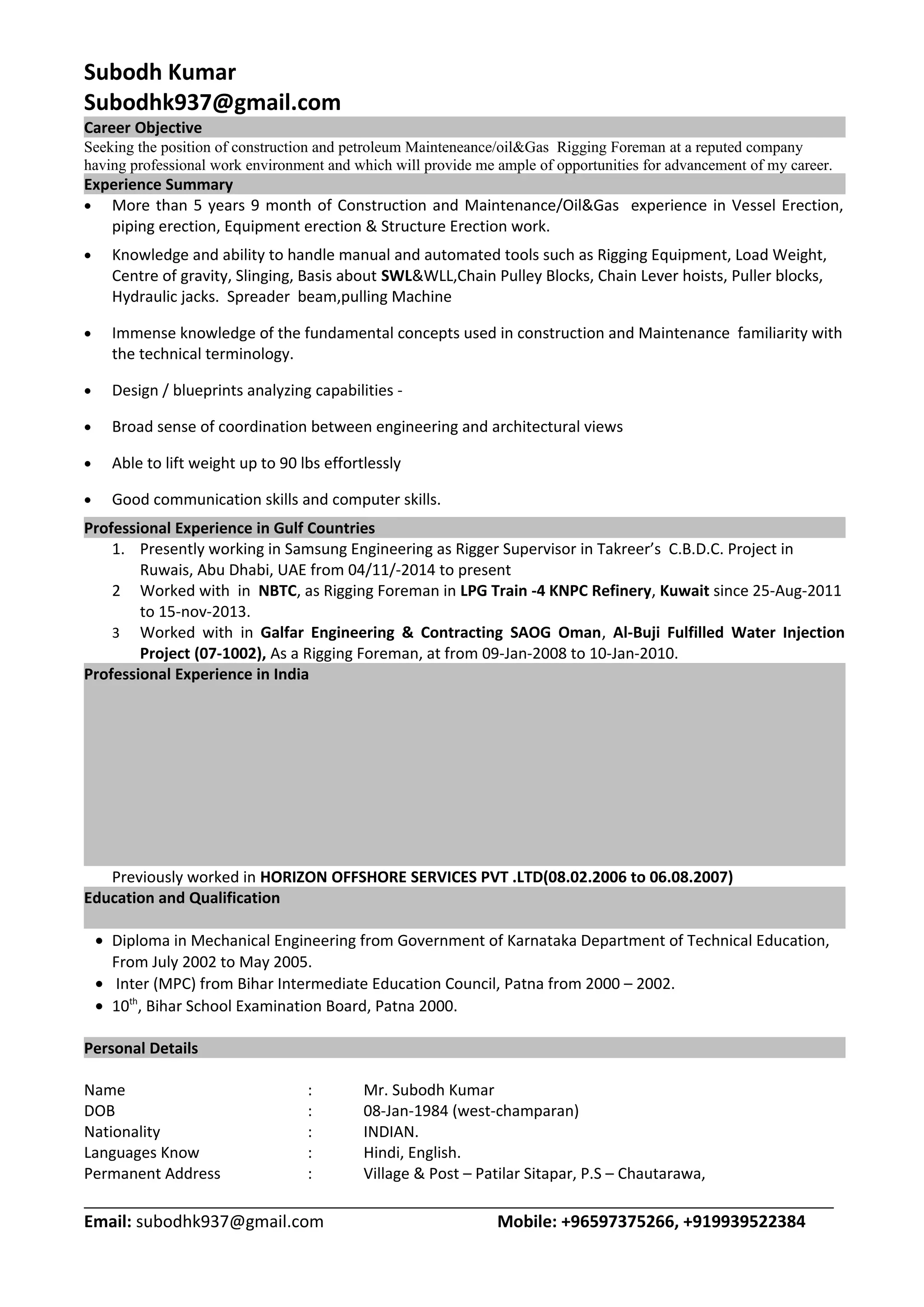 Subodh_CV | DOC | Civil Engineering Industry | Industries