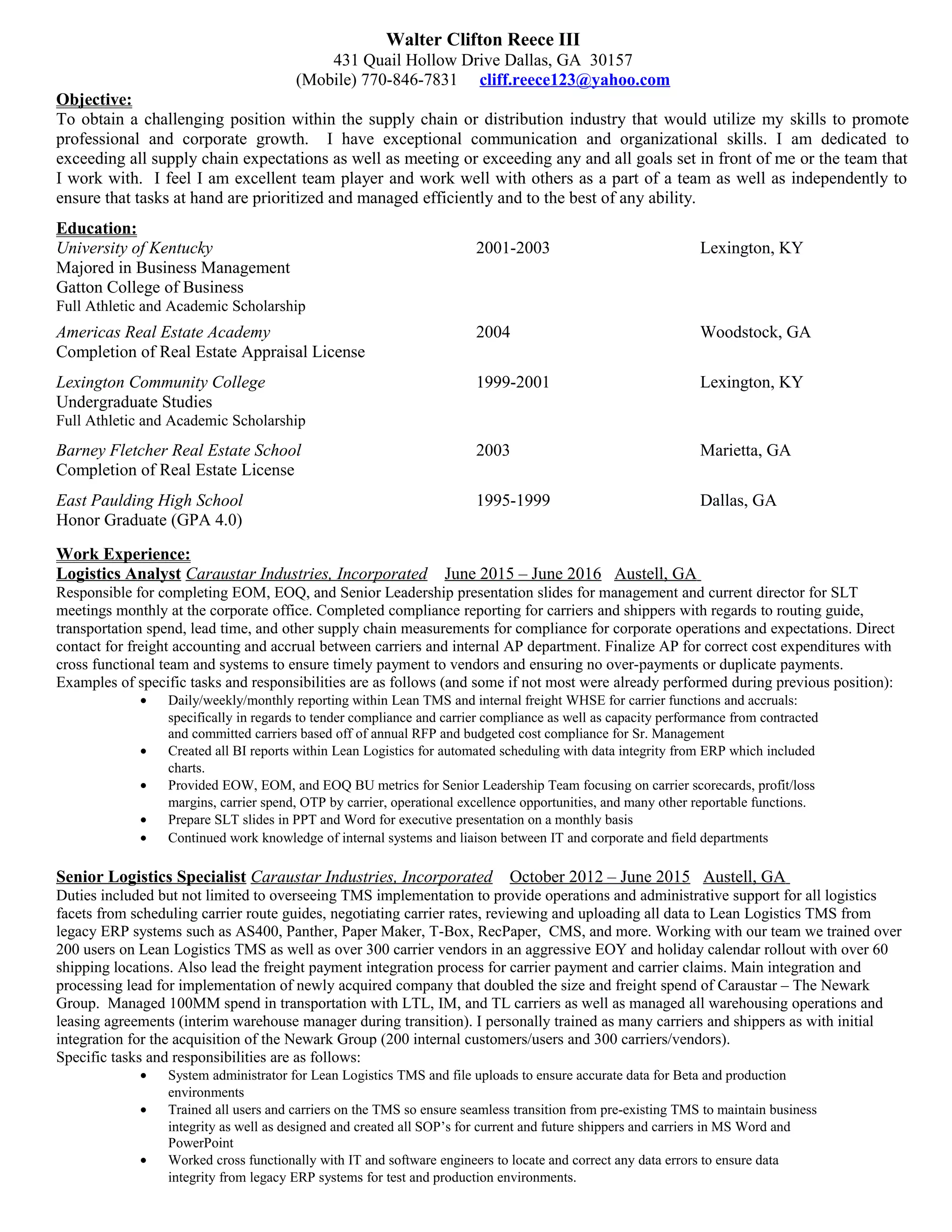 Walter Clifton Reece III (Resume) | DOC
