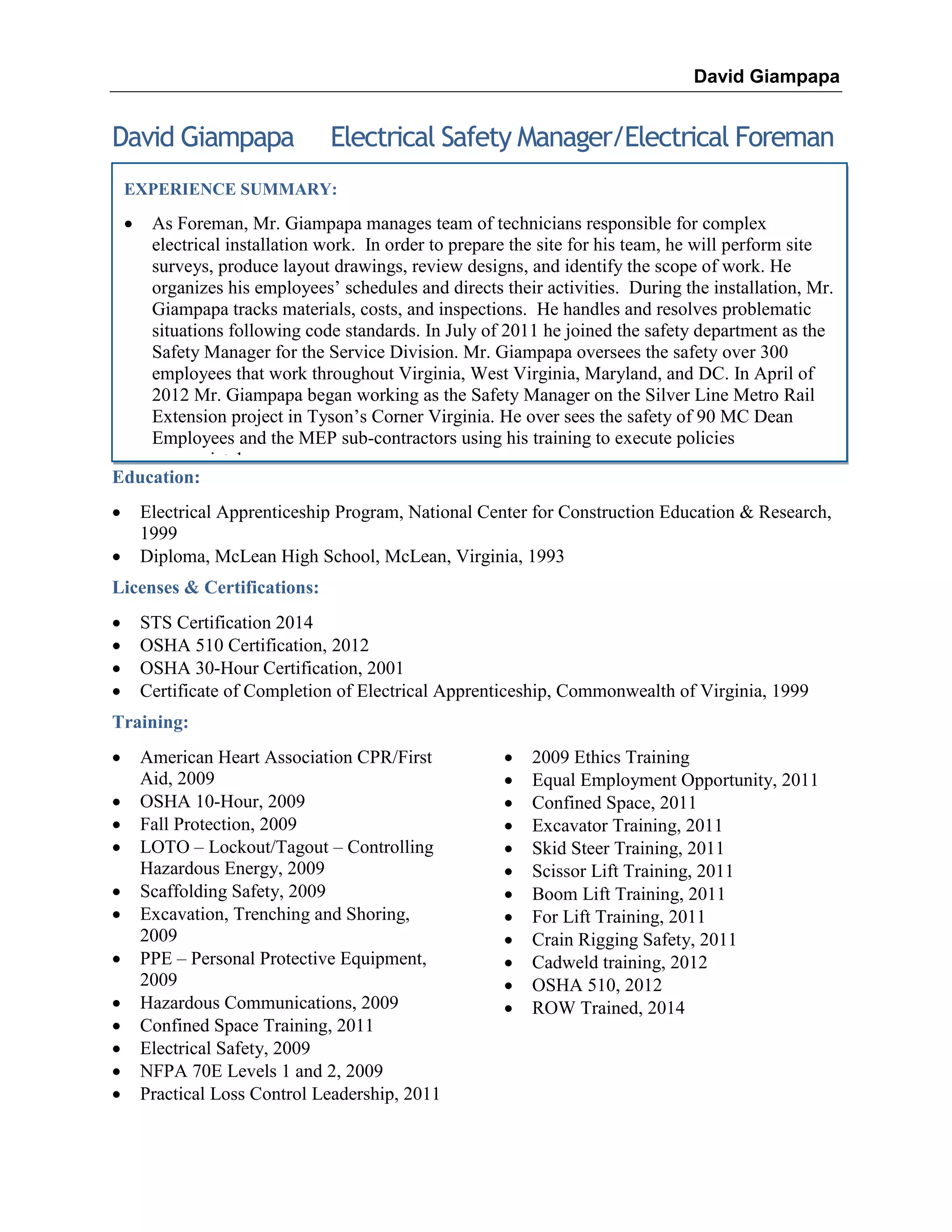David Giampapa Electrical Safety Manager | PDF