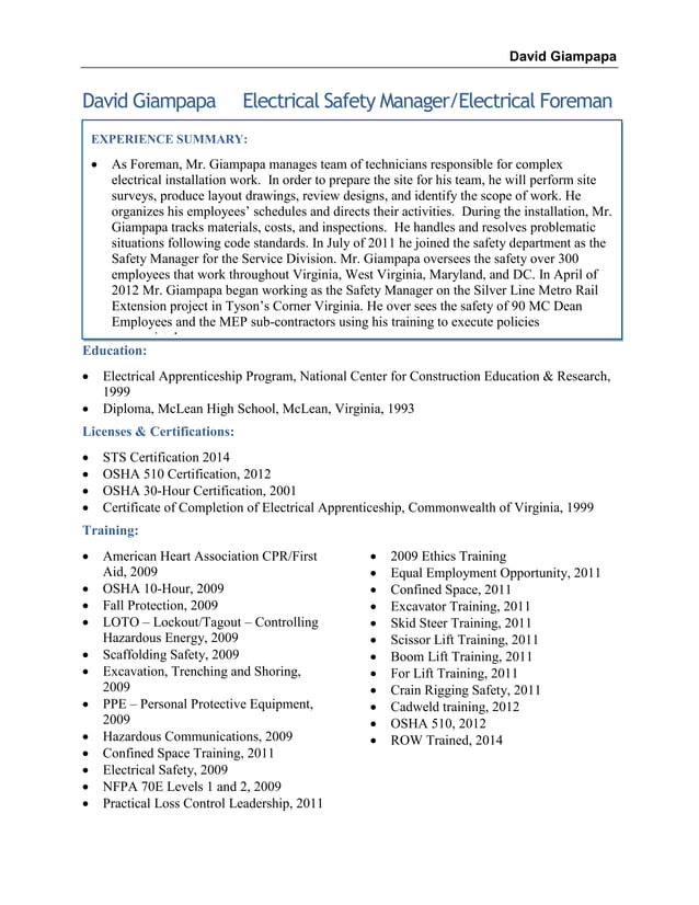 David Giampapa Electrical Safety Manager | PDF