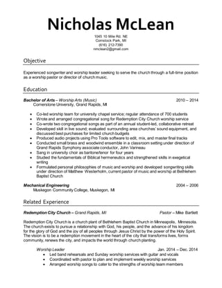 Nic McLean Worship Resume | DOCX