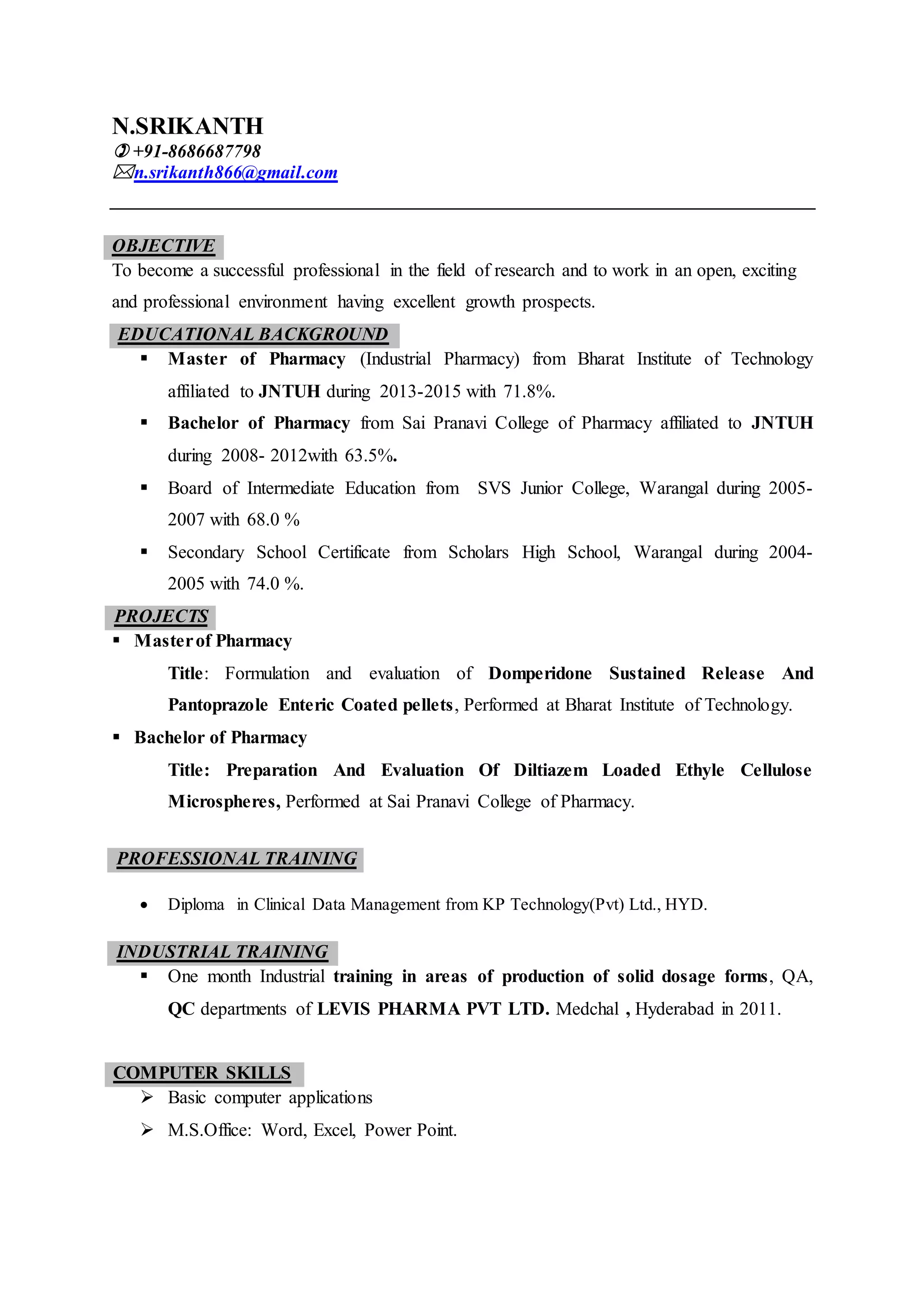 srikanth resume -CDM | DOCX | Pharmaceutical Industry | Industries