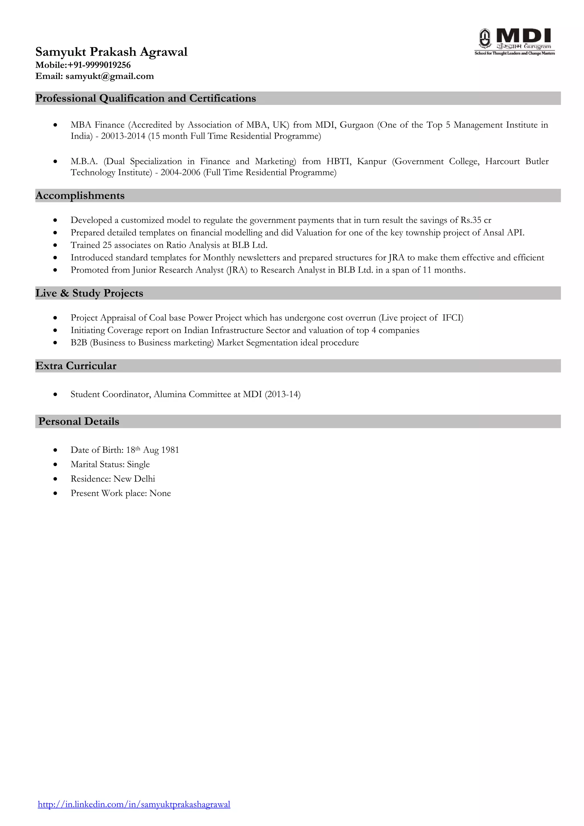 Resume-Samyukt Prakash Agrawal | PDF