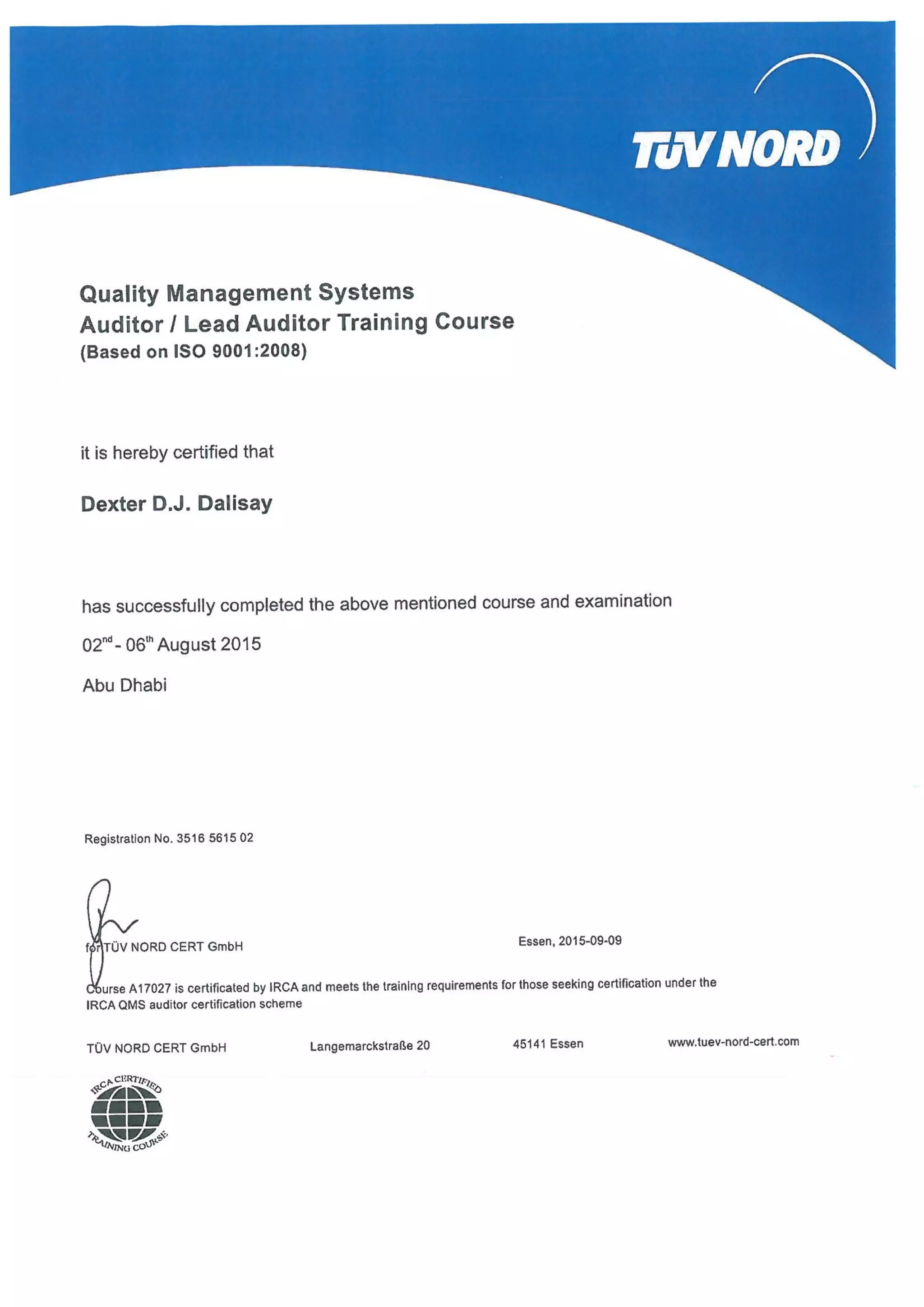 IRCA Quality Management System (ISO 901 2008) Lead Auditor ...