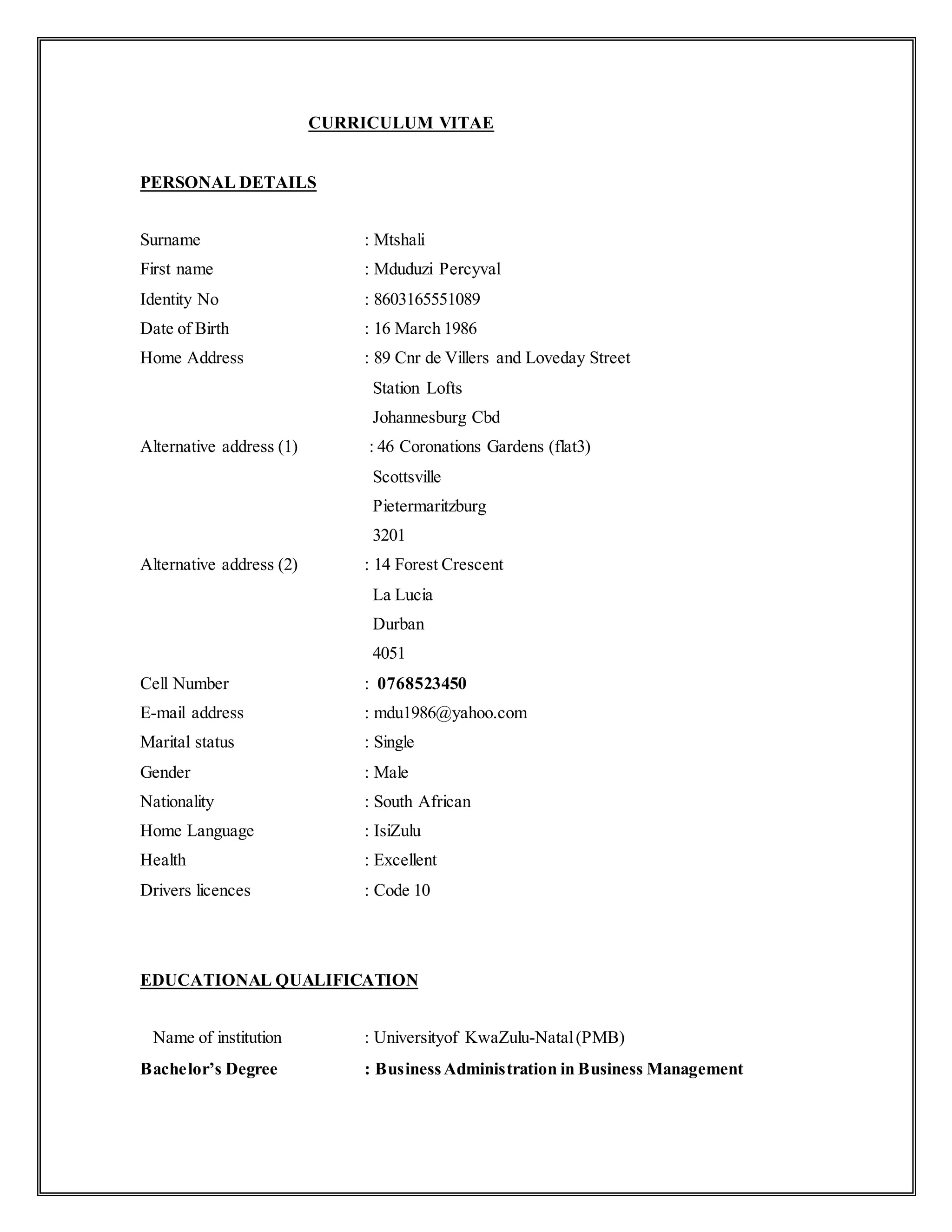 Mduduzi Mtshali's CV | DOCX