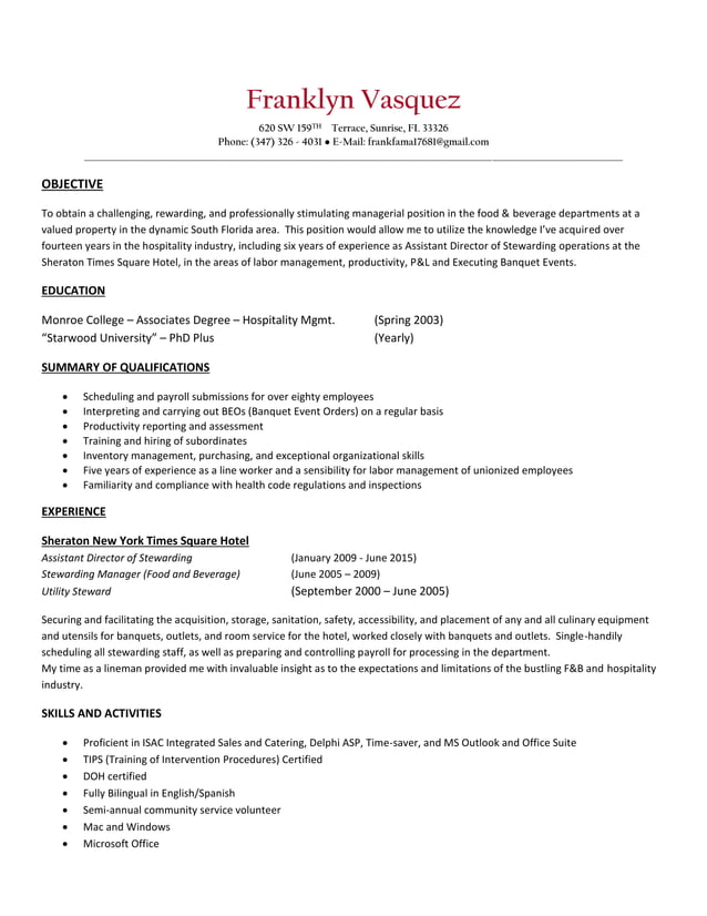 franklin vasquez resume | PDF | Hospitality Industry | Industries